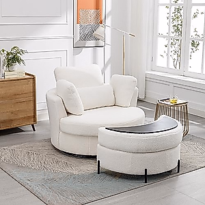 Oversized Swivel Accent Barrel Chair with Storage Bench Large Ottoman+4 Pillows,Comfy Upholstered 360 Recliner Sofa Club Chaise Leisure Round Loveseat Lounge Armchair for Living Room/Hotel/Nursery