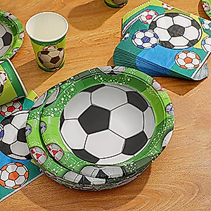 DUOCUTE Soccer Party Supplies 102PCS Sports Themed Children Birthday Paper Dinnerware Set Includes 9" Plates, 7" Plates, Cups, Napkins, Tablecloth and Banner, Serves 25