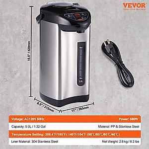 VEVOR Hot Water Dispenser 5.3 Qt/169 oz, Water Boiler and Warmer, 4 Warmer Temperatures, 3-Way to Dispense for Tea, Coffee and Baby Formula