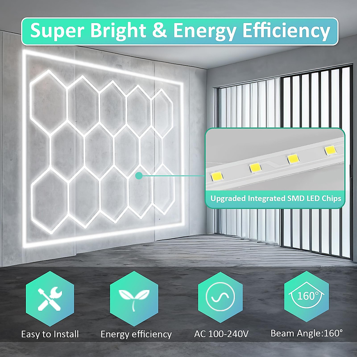 FAISHILAN Hexagon Lights: Higher Brightness 900W, 96,200 LM, 6,500K Hexagon Garage Lights with Rectangle Frame, Hexagon LED Lights 14 Grid for Garage, Shopping Mall, Workshop