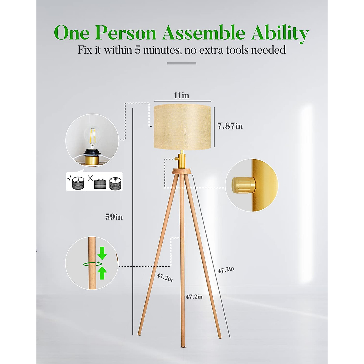 Dimmable Tripod Floor Lamp, Mid Century Standing Lamp with 0%-100% Brightness LED Bulb Beige Linen Drum Shade, E26 Socket, Bedside Lamp, Wooden Floor Lamp for Living Room, Bedroom, Office