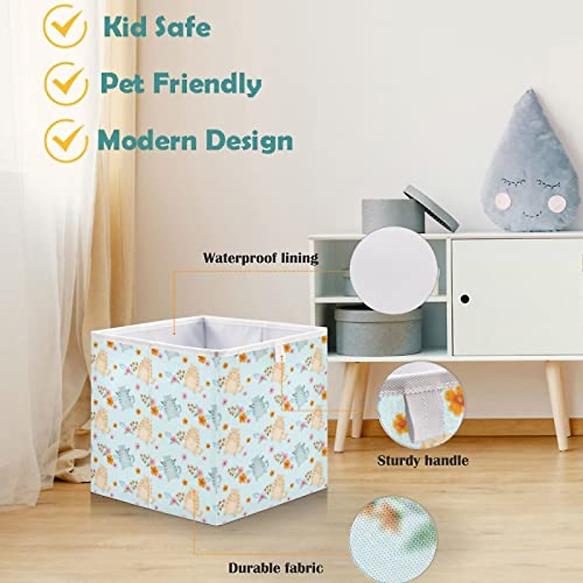 visesunny Closet Baskets Cute Cartoon Fat Cat and Flower Storage Bins Fabric Baskets for Organizing Shelves Foldable Storage Cube Bins for Clothes, Toys, Baby Toiletry, Office Supply