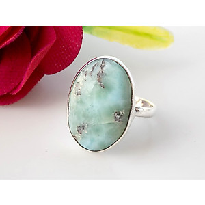 Natural Larimar Ring, Women's Ring, Statement Ring, Simple Bezel Gemstone Ring, (Size- 6.5 USA) Blue