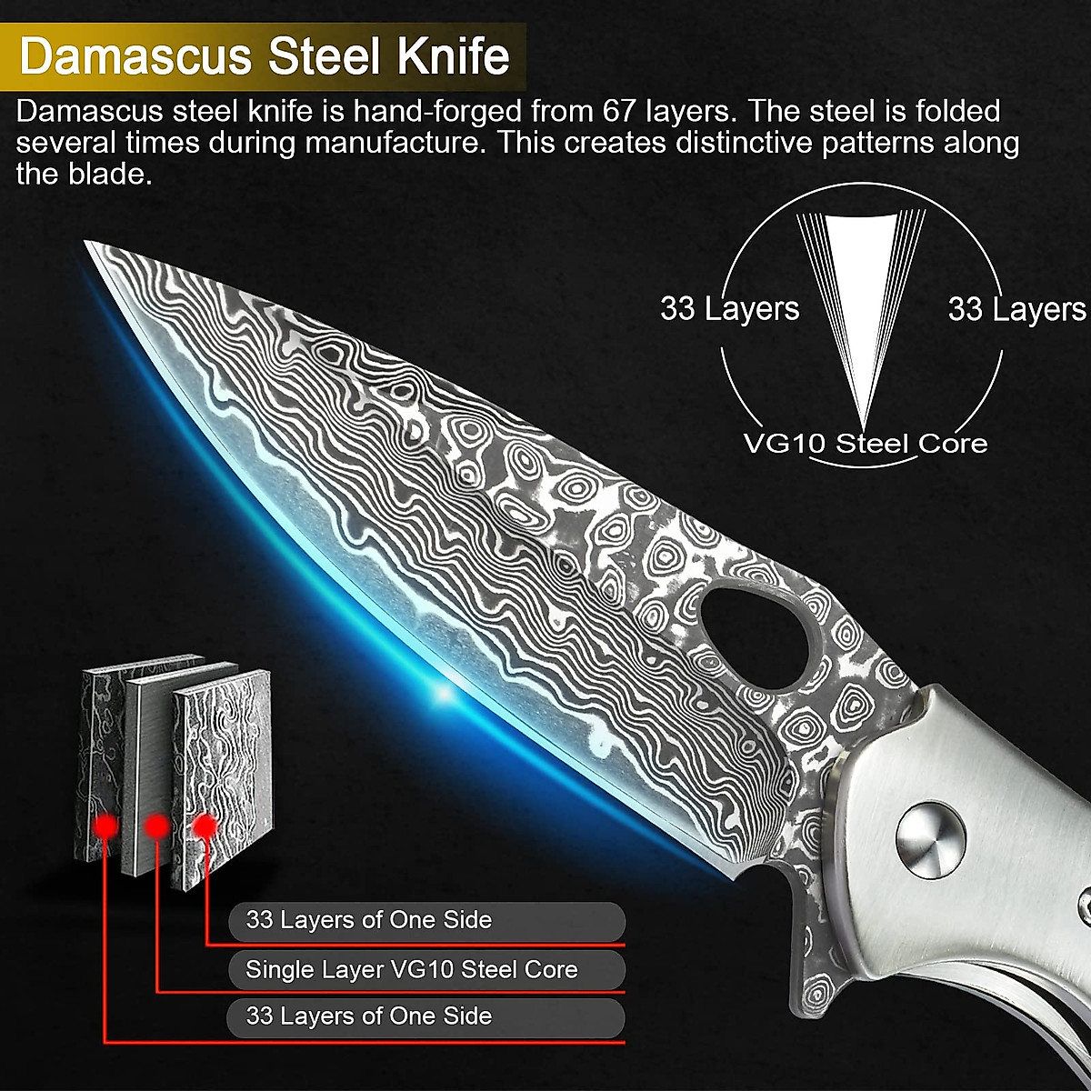 KOMWERO Damascus Pocket Knife for Men, VG10 Core Damascus Steel Folding Knife with Wood Handle, Ball Bearing, Thumb Hole, Liner Lock, Sheath for EDC Outdoor Survival Hunting
