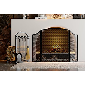 Lizh Metalwork Fireplace Log holder with Fireplace Tools, Wrought Iron Indoor Stove Accessories Firewood Rack Holder Lumber Storage Stacking Log Holder Log Bin with Tongs Shovel Poker and Brush