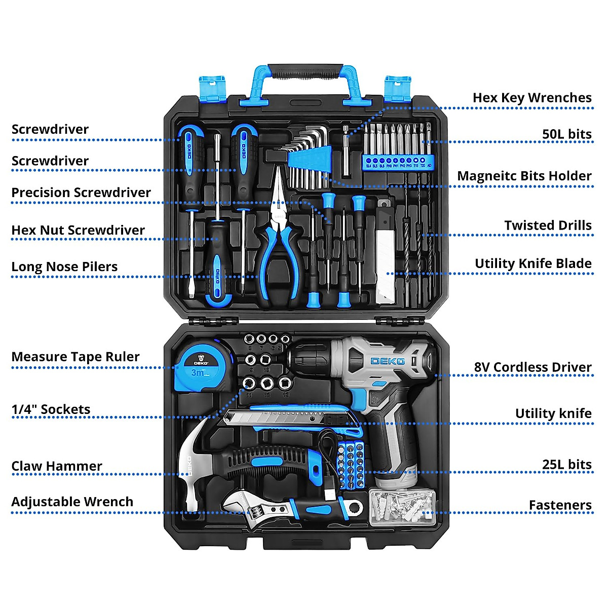 DEKOPRO Drill Set: Tool Set with 8V Blue Cordless Drill, Home Tool Kit with Drill, Hand Tool Kits for Women 126 Piece