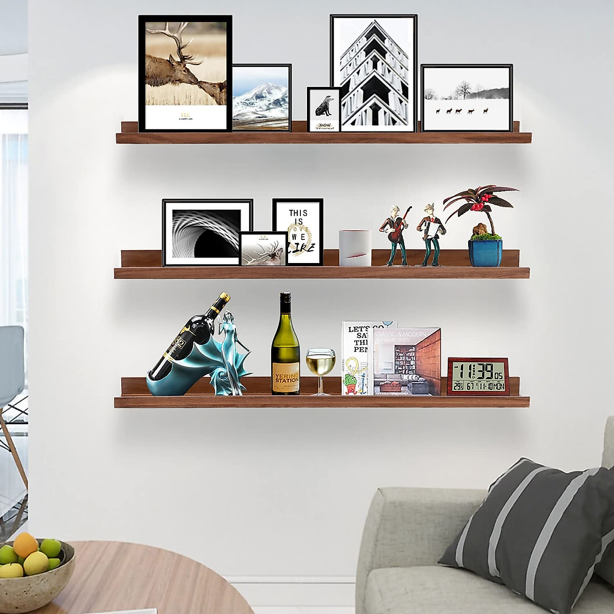 AZSKY 36 in Floating Book Shelves Rustic Wood Wall Picture Ledge Shelf for Storage Light Walnut Wall Mounted Picture Photo Display Shelf a Set of 3 Hanging Book Shelf
