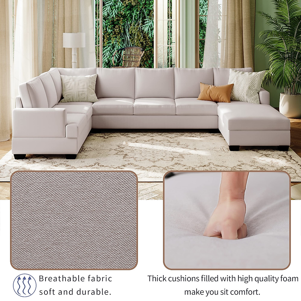 Modern Large U-Shape Sectional Sofa, Soft Linen Fabric Sectional Couch with Removable Cushion,Double Extra Wide Chaise Lounge Couch for Living Room (Beige)