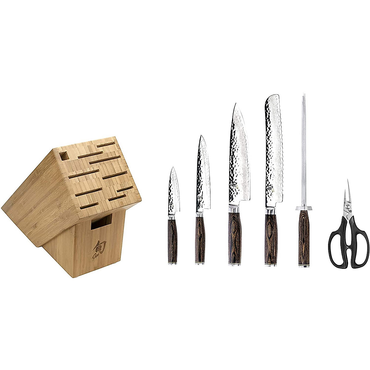 Shun Cutlery Premier 7-Piece Essential Block Set, Kitchen Knife and Knife Block Set, Includes 8” Chef's Knife, 4” Paring Knife, 6.5” Utility Knife, & More, Handcrafted Japanese Kitchen Knives