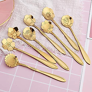 Snamonkia Set of 16 Stainless Steel Dessert Spoons for Coffee, Ice Cream and Tea, Flower Sugar Spoons 4.9 Inches for Demitasse Espresso (Gold)