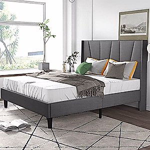 Allewie King Size Upholstered Platform Bed Frame / Geometric Wingback Headboard / Mattress Foundation / Wood Slat Support / No Box Spring Needed / Easy Assembly, Dark Grey