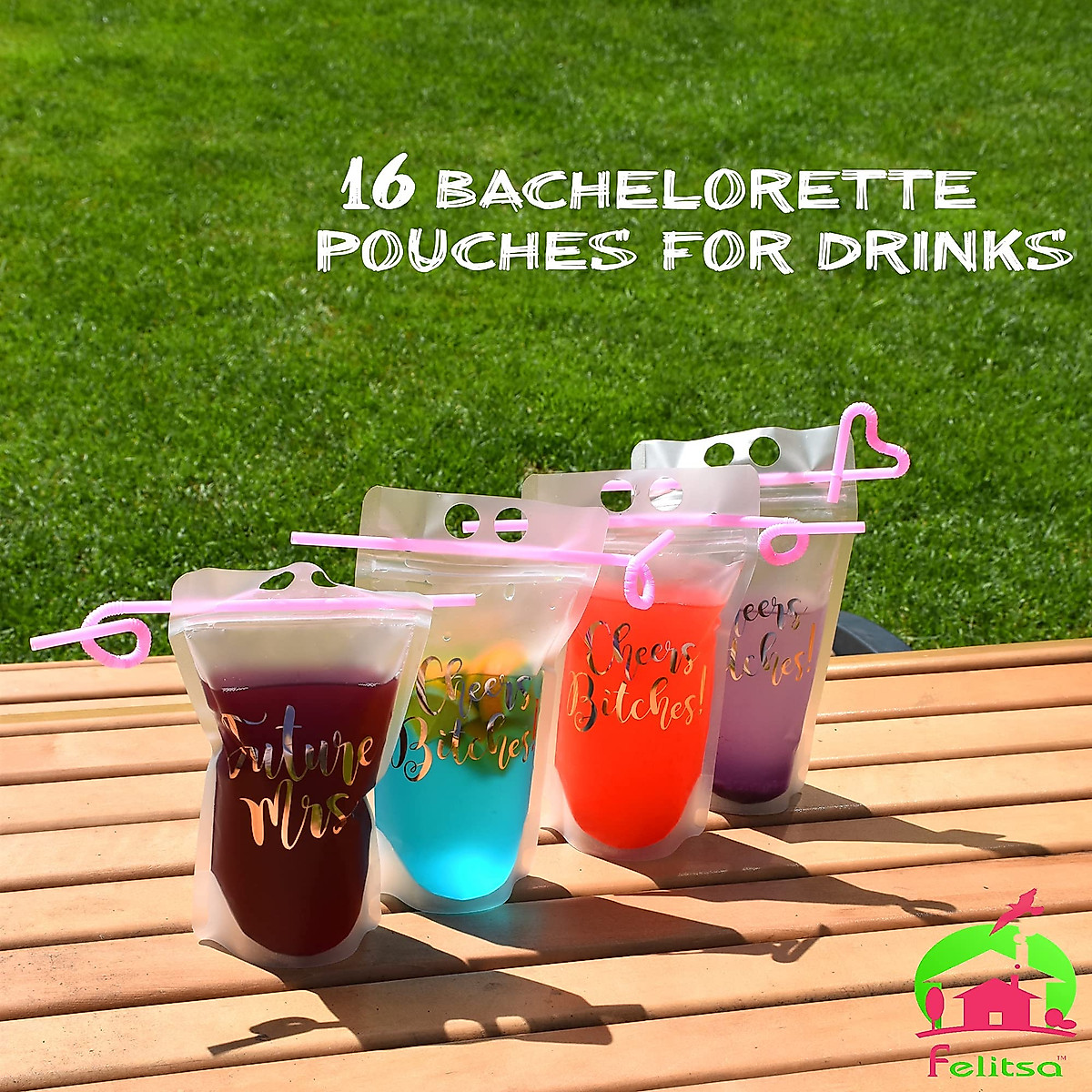 Bachelorette Drink Pouch Cups with Straws (Rose Gold) 16 Count, 15 Oz. - Engagement Party Decoration and Bride To Be Gift