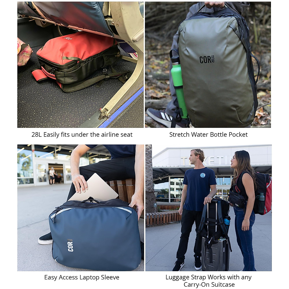 COR Surf Travel Backpack Flight Approved Carry On Laptop Backpack with Secret Passport Pockets | Large Daypack Business Weekender Luggage Backpack for Men Women The Island Hopper (28L Black)