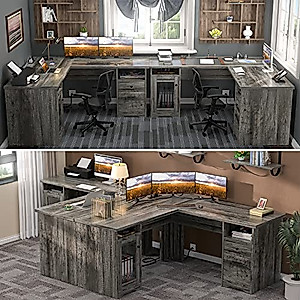 Unikito L Shaped Desk with Drawers, 60 Inch Corner Computer Desks with USB Charging Port and Power Outlet, Large L-Shaped Office Table, 2 Person Home Office Desk with File Cabinet, Black Oak