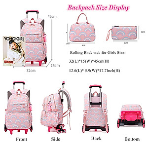 Mfikaryi 3PCS Girls Rolling Backpack Elementary Student Schoolbag Travel Trolley Bag Wheeled Bookbag with Lunch Box