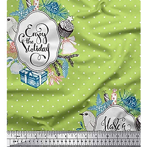 Soimoi Green Cotton Canvas Fabric Candies,Gift Box & Bell Christmas Decor Fabric Printed Yard 42 Inch Wide