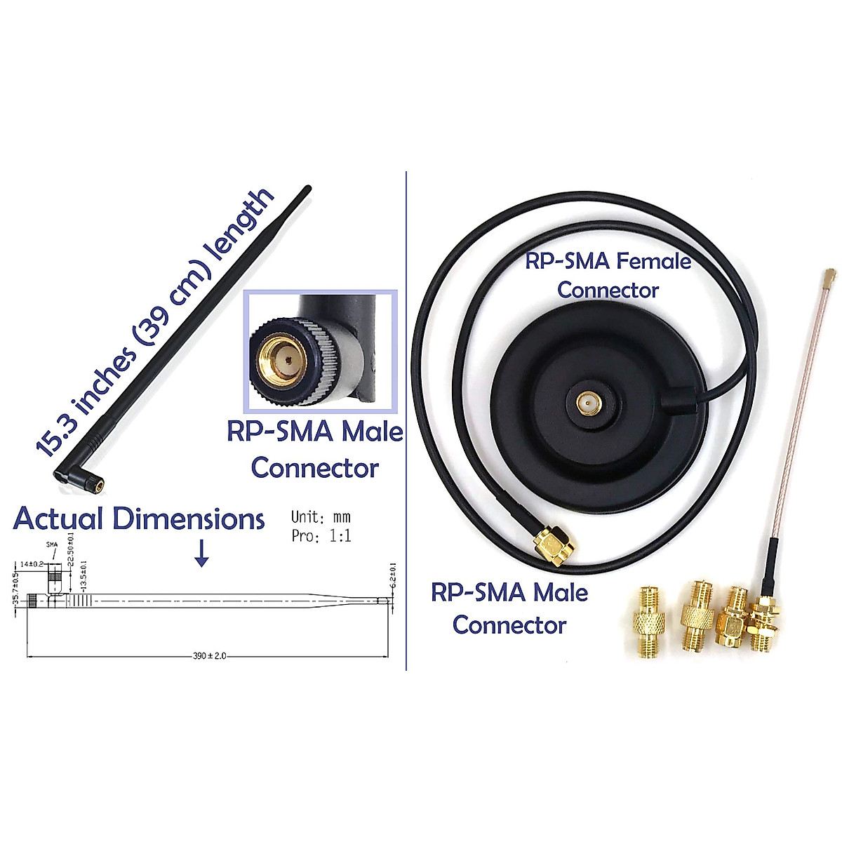 Universal Kit Dual Band Wi-Fi 9dbi Extension Long Range Omni Directional 2.4/5Ghz Antenna RP-SMA Male Connector on Magnet Base with Connectors and Extenders