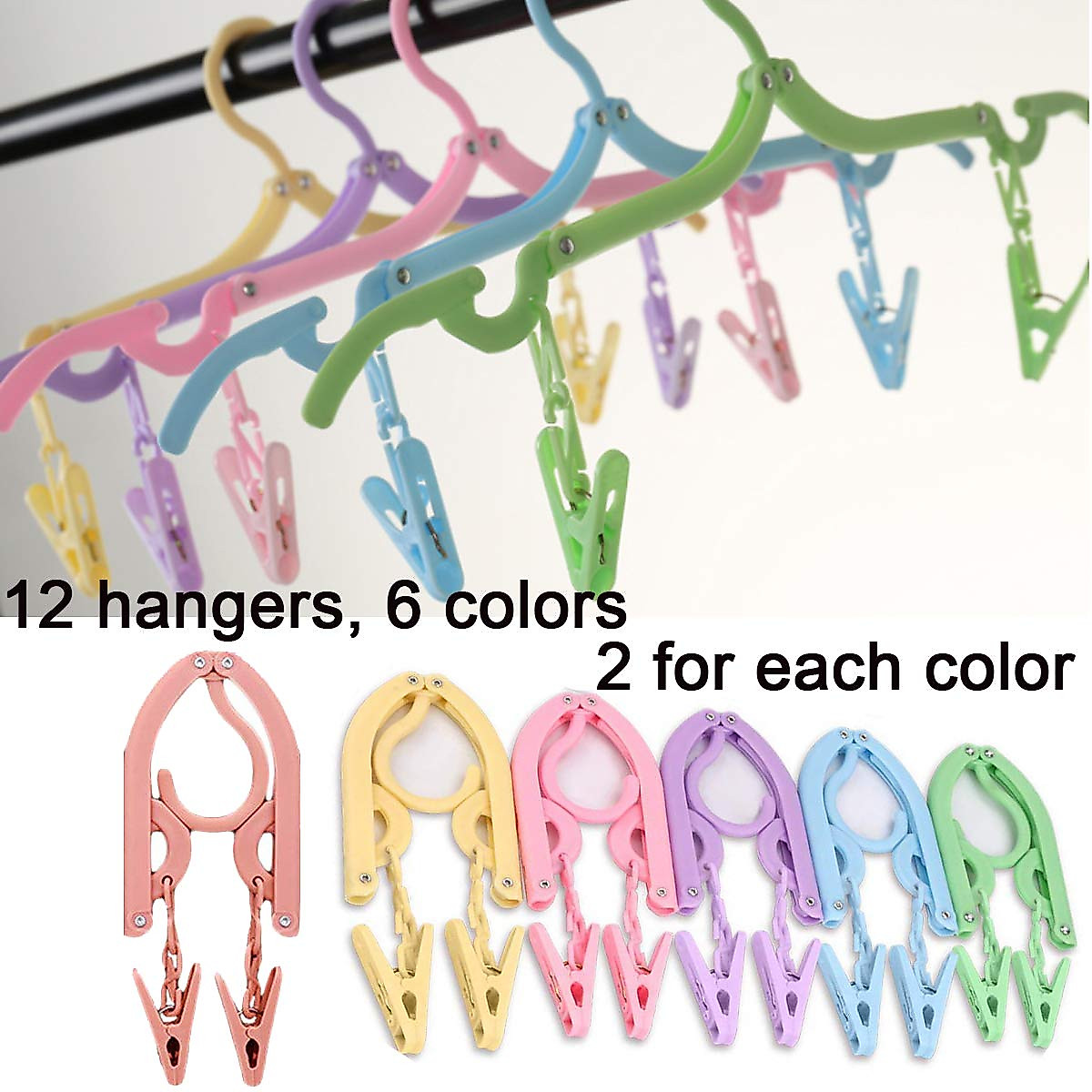 YOUOWO Travel Hangers with Clips Portable Folding Clothes Hangers 12 pcs with 24 pcs Hanger Clips for Scarves Suits Trousers Pants Shirts Socks Underwear Travel Home Foldable Clothes Drying Rack