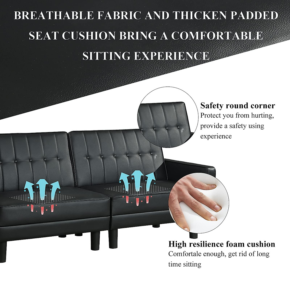 Convertible Futon Sofa Bed Upholstered Sofa Couch Sleeper with Adjustable Backrest and Side Pockets Loveseat Sofa for Living Room Dorm