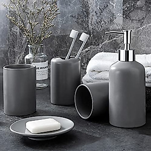 Ceramic Bathroom Accessories Set 5 Pieces, Grey Bathroom Accessory Set Complete, Lotion Dispenser Toothbrush Holder 2 Tumblers Soap Dish Classic Grey Matte for Bath Countertop Organizer Decor, SAIURE