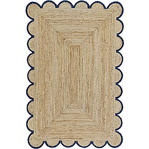 Jute Area Rug for Home and Living Room Décor Rectangular Scalloped Vintage Jute Area Rug Carpet Navy 2' x 3' by Varsha Textile