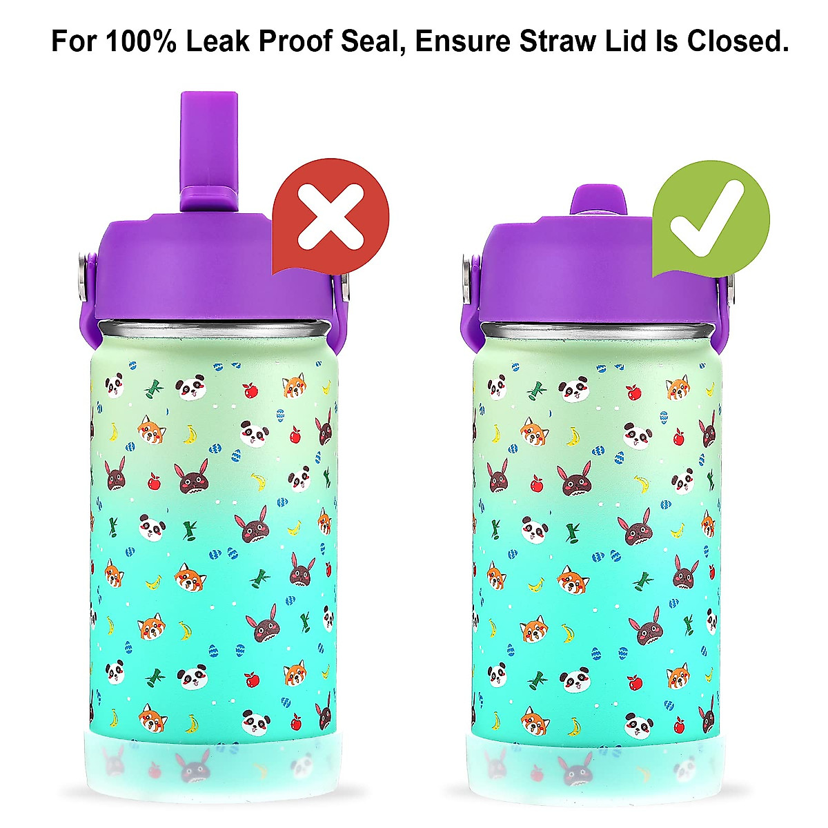 WEREWOLVES 14oz Kids Water Bottle with Straw Lid, Shoulder Strap and Boot - Insulated Stainless Steel, Reusable Leakproof Metal Water Bottles for School (Space Dinosaur (Strap), 14 oz)