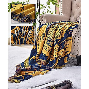 CUEERBOT Boho Throw Blanket,Hippie Room Decor Reversible Bohemian Cotton Blanket for Sofa Tapestry Carpet Bed Chair,Witchy Astrology Zodiac Celestial Constellation (Yellow, Small 51x71inch)