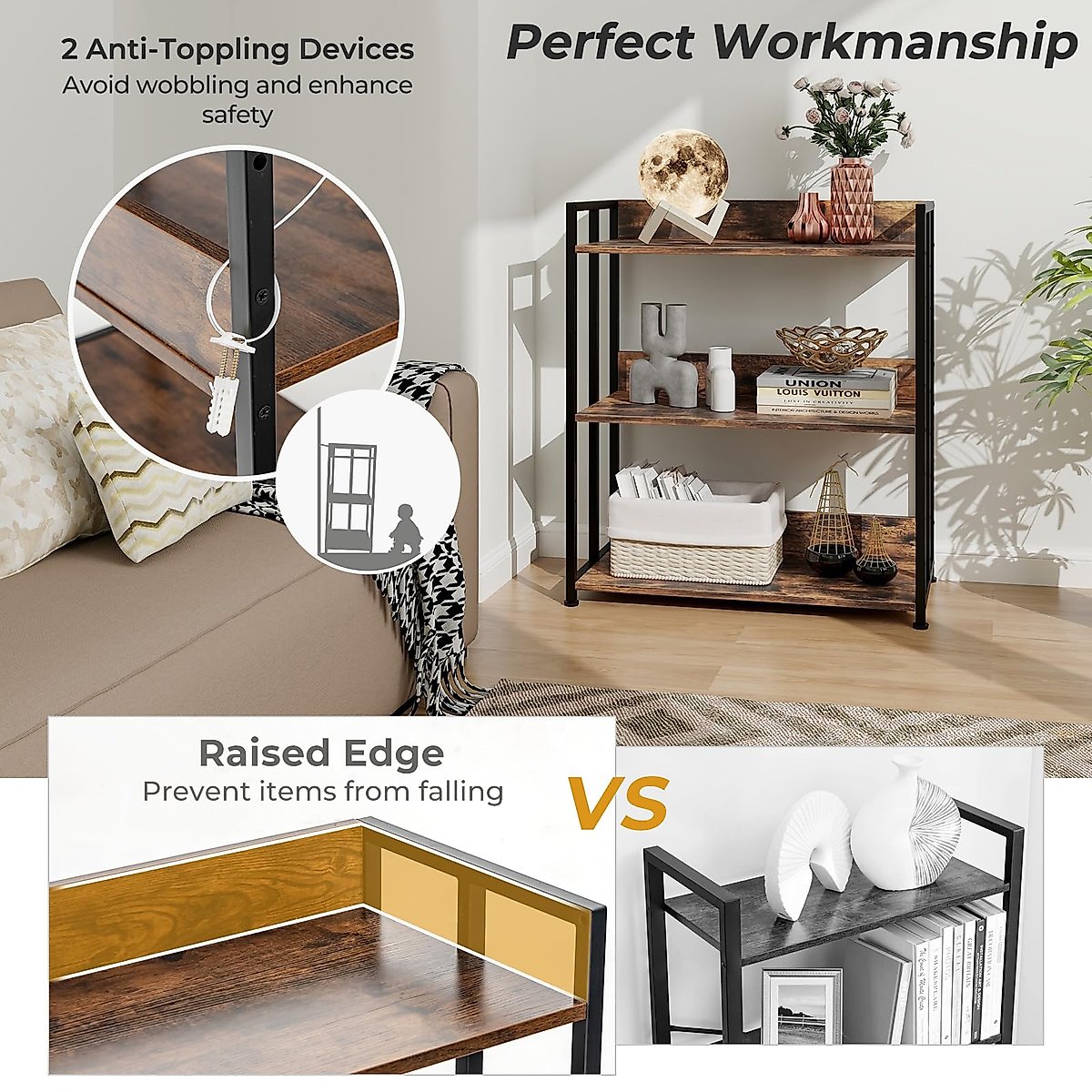 Giantex 3-Tier Bookshelf, Industrial 32" Tall Small Book Shelf with Adjustable Shelves, Adjustable Foot Pads, Anti-Toppling Device, DIY Wooden Floor Open Display Shelving, Bookcase Shelf Rack