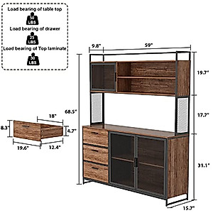 AGOTENI Large Kitchen Hutch Cabinet, Storage Cupboard Pantry with 3 Metal Doors, 3 Drawers & Microwave Shelf, for Kitchen Open Storage, Rustic Brown (59" W x 15.7" D x 68.5" H)