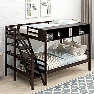 DEYOBED Twin Over Full Wooden Bunk Bed with Storage Staircase and Cabinets for Kids Teens