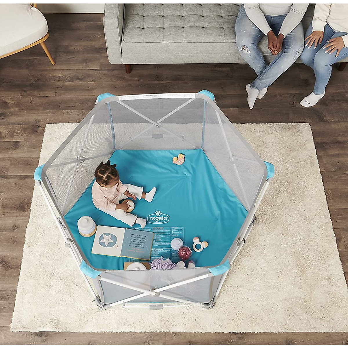 Regalo My Portable Play Yard Indoor and Outdoor, Washable, White/Gray/Teal, 6-Panel