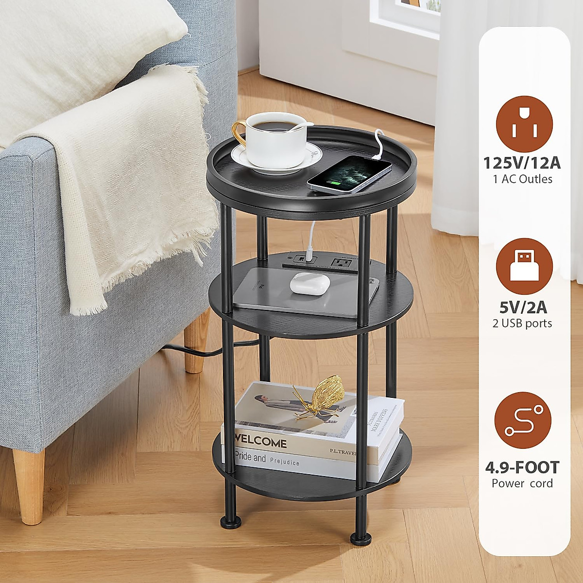Small Round Side Table with Charging Station for Small Spaces, 3-Tier Round Accent Table with USB Ports & Power Outlets,Round Corner Table Tea Sofa Side Table for Living Room Bedroom Apartment (Black)