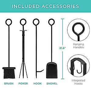 Best Choice Products 5-Piece Indoor Outdoor Wrought Iron Firewood Log Storage Rack Holder Firepit Tools Set for Fireplace, Fire Pit, Stove w/Hook, Broom, Shovel, Tongs - Black