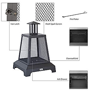 Chimenea Fireplace Outdoor Fireplace Fire Pit Wood Burning Fire Pit Patio Square Iron Fire Pit 27.5" Large Fire Pits Fire Poker Mesh Spark Screen Chimney Charcoal Grid for Garden, Backyard