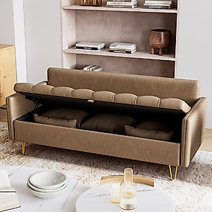 Senfot Sofa Couch Faux Leather 3-Seater Sofas with Hand Stitched Comfortable Cushion, Modern Design with Gold Metal Legs and Lift-Up Storage for Living Room in Light Brown