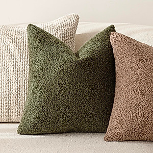 Foindtower Pack of 2, Curly Faux Fur Decorative Throw Pillow Covers Soft Plush Cushion Case with Zipper Cozy Fluffy Boho Pillowcase for Home Living Room Couch Bed Sofa 18 x 18 Inch, Moss Green