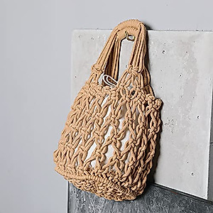 JBRUN Women's Bucket Drawstring Handbag Fishing Net Shoulder Bag Straw Weave Handbag Summer Beach Bags Hobo Bag (A-Brown)