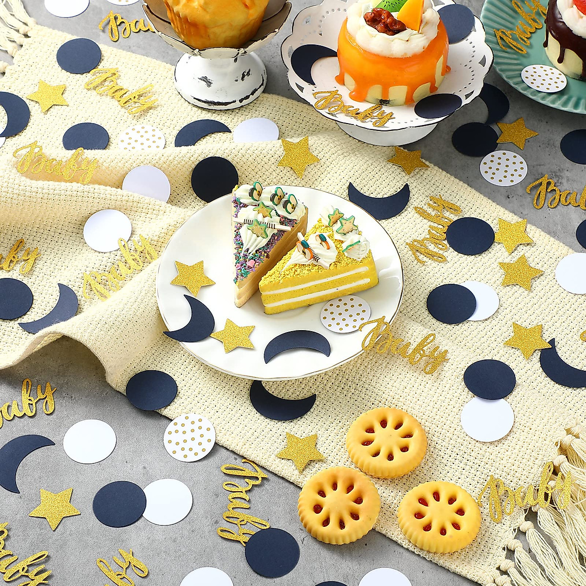 400 Pcs Navy Blue Baby Shower Confetti Moon and Star Baby Shower Decorations Eid Ramadan Mubarak Decoration Gold White Star Moon Confetti Scatter for Gender Reveal Decor