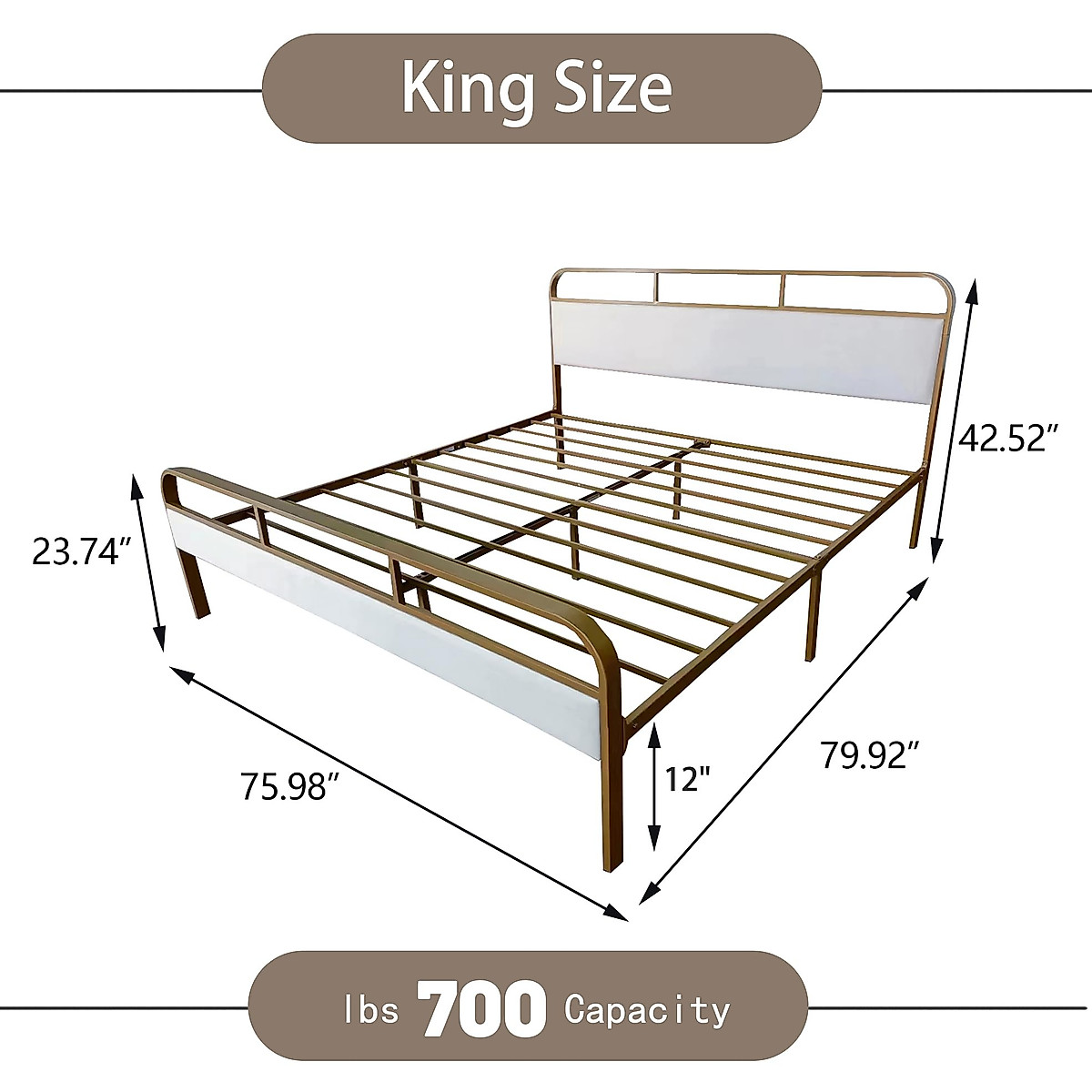 alazyhome Modern King Size Bed Frame, Metal Platform Bed with Velvet Upholstered Headboard, Steel Slats Support, Noise Free, Under-Bed Storage, Easy Assembly, Gold