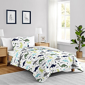 Navy Blue and Green Modern Dinosaur Boys or Girls 4 Piece Kids Teen Twin Bedding Set Collection