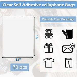 Cellophane Bags 12x16 Inches, 70 Pcs Clear Poly Bags, Resealable Plastic Bags for Clothes, Shirt Bags Great for Packaging Clothing, Decorative Wrappers, Party Favors, Artwork and More