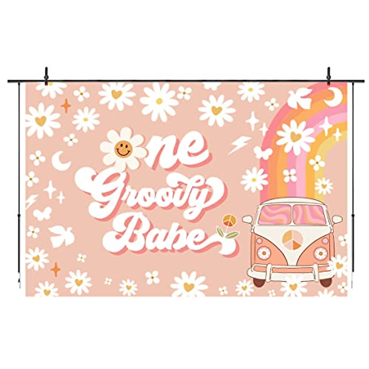 One Groovy Happy Birthday Backdrop for Girls Retro Boho 1st Birthday Party Photo Background Girl Daisy Floral Happy 1st Birthday Newborn Baby Party Decorations Cake Table Banner 5x3ft