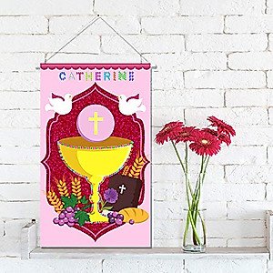 First Communion Banner Kit DIY Holy Door Hanging Decor with 2 Sheets of Diamond Stickers for Boys and Girls Decoration Set, 12 x 20 Inch (Holy Grail Pink Style)