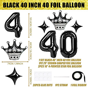40 Black Number Balloons, Huge 40 Inch 40th Birthday Decoraion with Crown&2pcs Stars Aluminum Balloons for 40th Birthday Balloons for Women Men 40th Birthday Party Supplies 40 Anniversary Events Decor