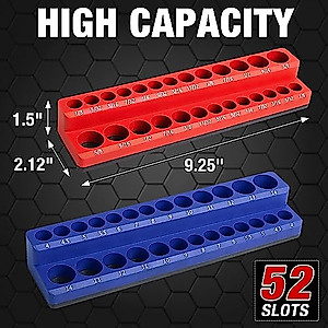 ALOANES 52-Slot Magnetic Socket Organizer, 2PC Socket Holder Kit, 1/4-inch Drive Premium Socket Tray Holders,for Standard and Deep Metric SAE Sockets, Heavy Duty Tools Organizer(Red&Blue)