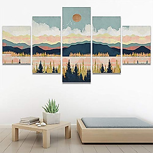 SIGNWIN Large Wall Decor Canvas Wall Art Print Sun Over Pastel Mountain Lake and Forest Nature Wilderness Illustrations Minimalism Rustic Landscape Colorful for Living Room, Bedroom, Office - 60"x32"