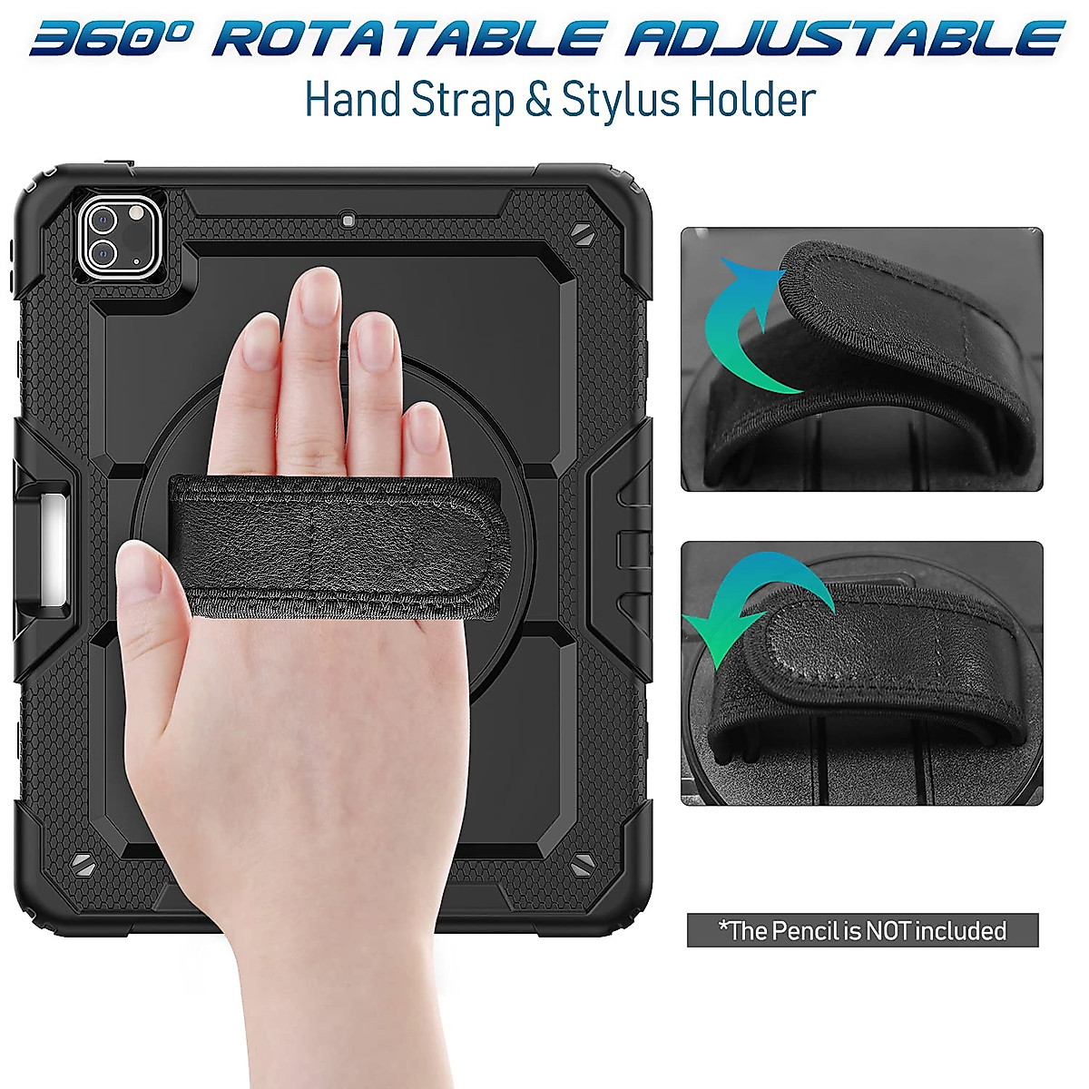 Timecity Protective Case for iPad Pro 12.9 inch 6th/ 5th/ 4th/ 3rd Generation, with Strong Protection, Screen Protector, Hand/Shoulder Strap, Rotating Stand, Pencil Holder - Black