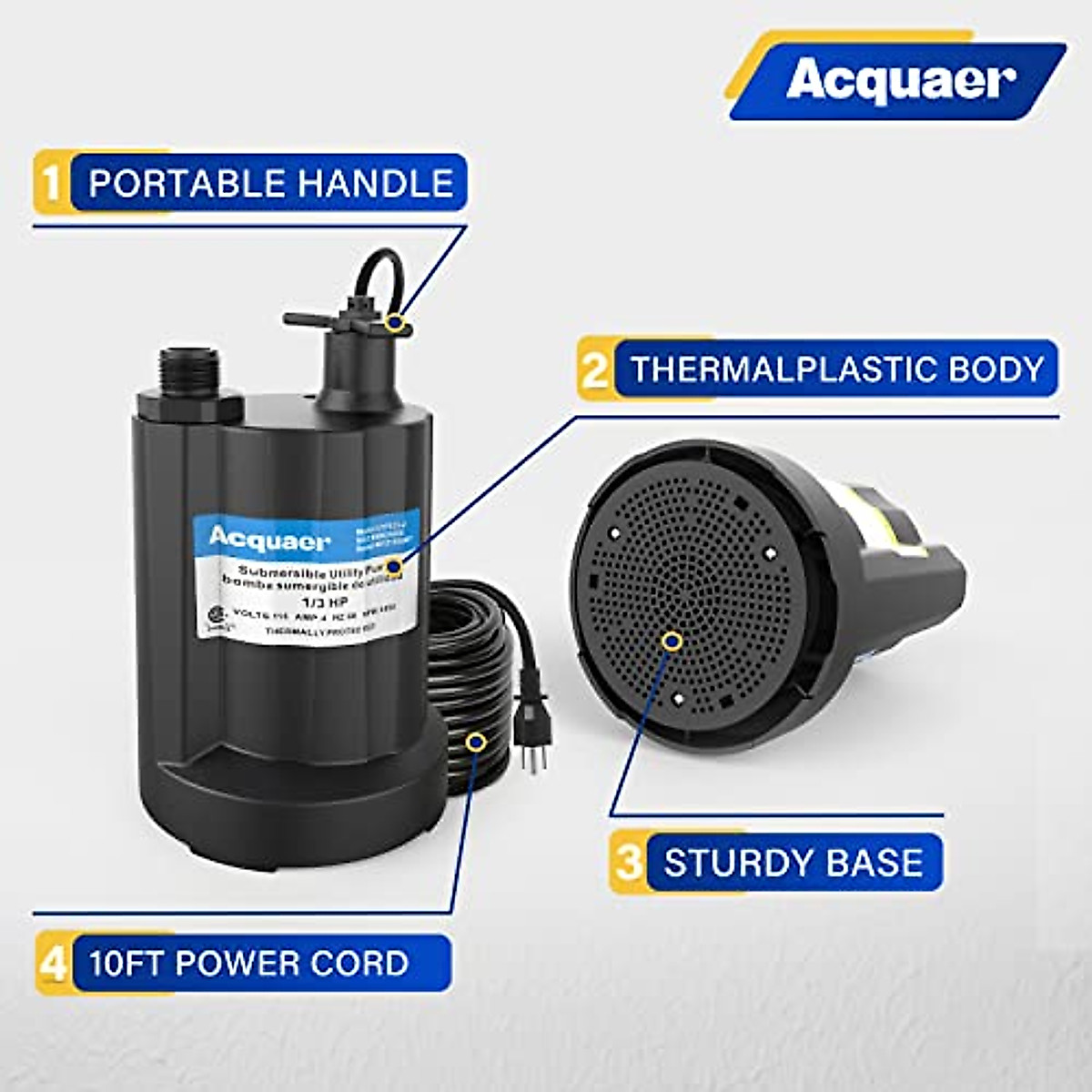 Acquaer 1/3 HP Submersible Water Pump 2160GPH Sump Pump Thermoplastic Utility Pump Portable Electric Water Pump Water Remove for Basement Hot Tubs Garden Pool Cover Draining with 10 ft Cord