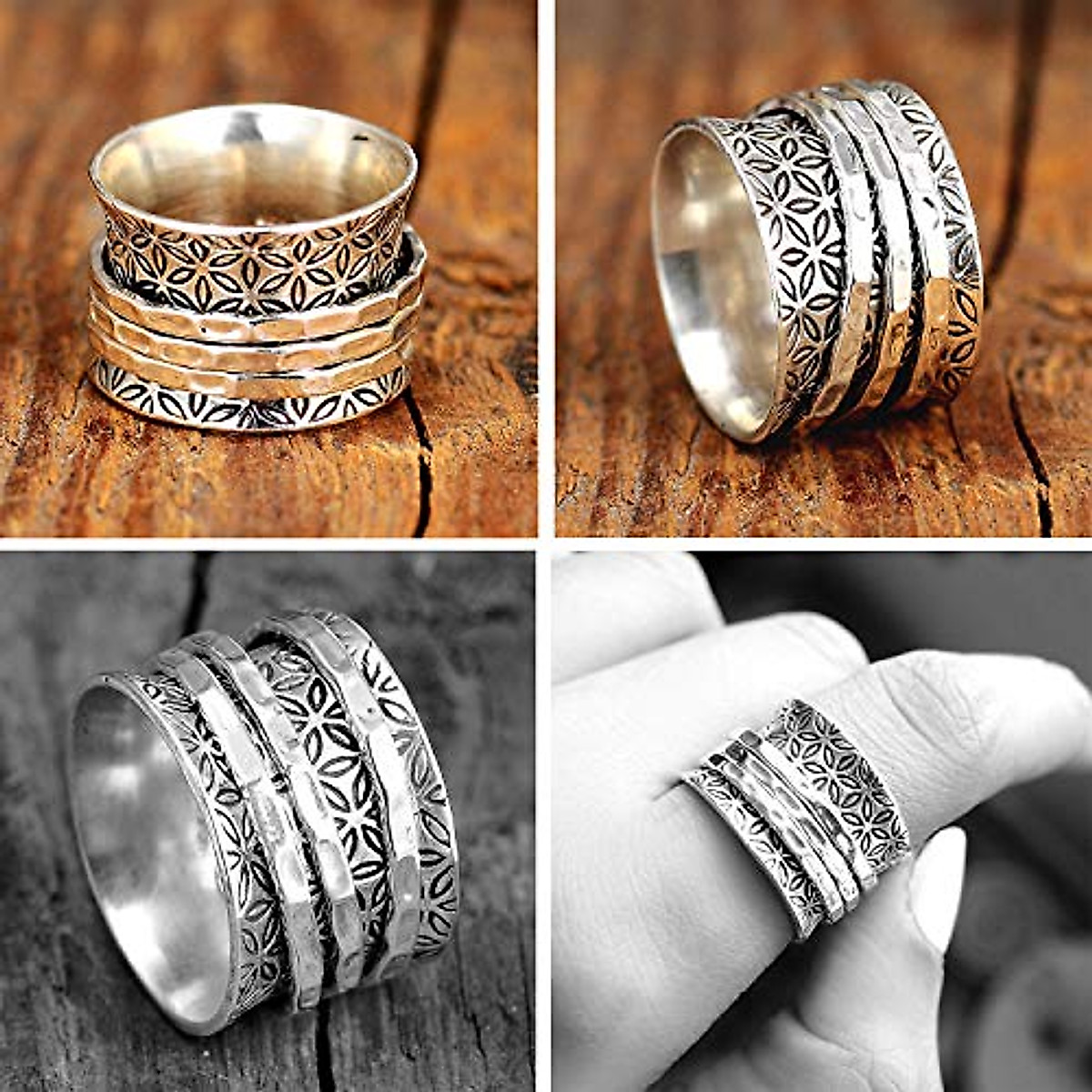 Boho-Magic 925 Sterling Silver Spinner Ring for Women Flower of Life Fidget Rings Band (8)