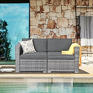 Patiorama Outdoor Wicker Loveseat 2 Pieces, All Weather Grey PE Rattan Sectional Corner Sofa Set, Additional Extra Chairs for Outdoor Sectional Sofa Set, Dark Grey Cushion